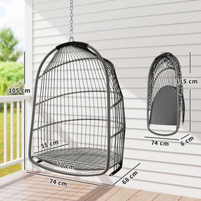 Houpací křeslo Outsunny s poduškou, poly ratan, venkovní a vnitřní, skládací, nosnost do 150 kg, závěsné křeslo pro obývák, balkon, terasa, tmavě šedé