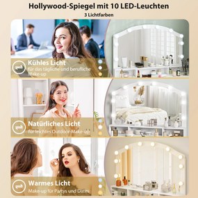 HOMCOM Toaletní stolek s 10 LED hollywoodskými žárovkami, zrcadlo, 7 zásuvek, 3 přihrádky, MDF, bílá