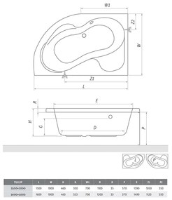 Asymetrická rohová akrylátová vana TULLIP 460 mm S 1500 × 1000 Pravá TULLIP - SANIPRO /150 (P) 100 cm 200 l 5158000