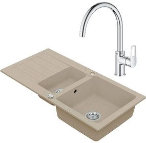 VIMA Dřezový set Grohe 3/A- Granitový dřez, 1,5 sektoru, 96x48cm, Písková + Dřezová baterie Grohe Bau Loop