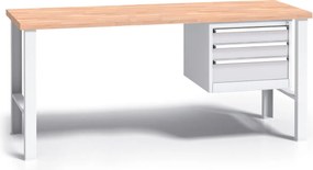 Pracovní stůl do dílny G3 se závěsným boxem na nářadí, buková spárovka, 3 zásuvky, pevné kovové nohy, 1700 mm, šedá