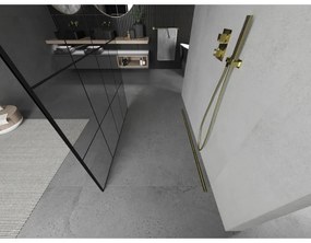 Mexen Kioto, průchozí sprchová zástěna 140 x 200 cm, 8mm sklo čiré/černý vzor, 2x zlatá stabilizační rozpěra, 800-140-002-50-77