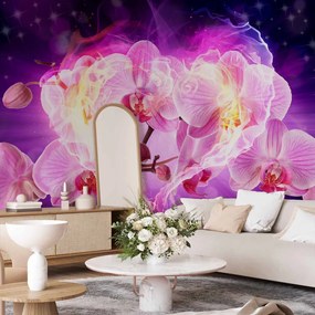 Fototapeta Orchideje v plamenech - květy ve tvaru srdce na abstraktním pozadí