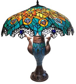 Vitrážová stolní lampa Tiffany Paons – Ø 56*68 cm E27/max 2*60W E14/max 1*25W