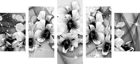 5-dílný obraz černobílé květiny na abstraktním pozadí - 200x100 cm