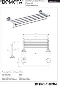 Bemeta Design RETRO chrom: Držák ručníků, 605 mm, s hrazdou -