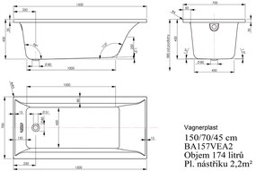 Vagnerplast LINOS 150 x 70 cm vana akrylátová vč. noh a sifonu