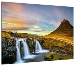 Skleněný obraz hory a vodopádů na Islandu (70x50 cm)