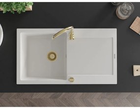 Mexen Leo, 1-komorový granitový dřez s odkapávačem 90x50 cm a kuchyňskou baterií Telma, bílá, 6501-20-670200-50