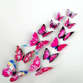 Samolepka na zeď "Realistické plastové 3D Motýli - Růžové" 12ks 5-12 cm