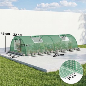 Outsunny Mini tunelový skleník Fóliový skleník s oknem ze síťoviny Fólie PE odolná proti UV záření zelená 200x80x45cm ideální pro zahradní rostliny |…