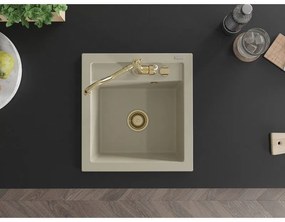 Mexen Vito, granitový dřez 490x520x210 mm, 1-komorový a dřezová baterie Carla, béžová, 6503-69-670700-50