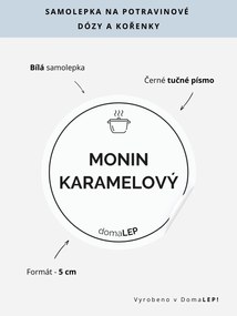 Samolepka na láhev MONIN KARAMELOVÝ průměr 5 cm – bílá vinylová, voděodolná, omyvatelná samolepka na dózy, tučné písmo