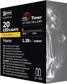 Vánoční osvětlení EMOS D3AW07 ZY1952 20LED nano řetěz měděný 1,9m 2xAA teplá bílá s časovačem