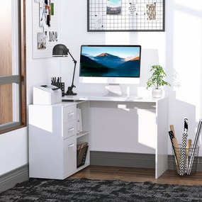 HOMCOM Bílý Moduární Rohový Rovný Stůl Jídelní Stůl 2 v 1 Počítačový Stůl 3 Šuplíky + 2 Polic MDF