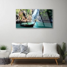 Obraz na skle Loď Jezero Skály Krajina 125x50 cm