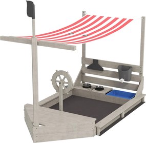 Outsunny Velký Pískoviště s Krytem ve Tvaru Lodi s Kuchyňkou pro Děti 3-7 Let Šedá 180 x 103 x 144,5 cm | Aosom