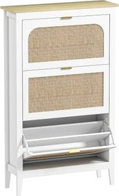 HOMCOM Botní skříňka pro 21 párů ve stylu Bohéme s 3 sklápěcími zásuvkami, ratanové dveře, 80 x 24 x 131 cm, Bílá