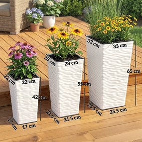 Outsunny sada 3 stohovatelných čtvercových venkovních květináčů s vlnitým vzorem a odtokovými otvory, 42/55/65 cm — bílá, černá, hnědá