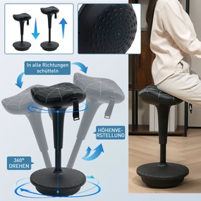 Vinsetto ergonomická otočná sedlová stolička — výškově nastavitelná 65,5–83,5 cm, náklon 120°, protiskluzová, černá