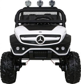 Ramiz Mercedes Benz Unimog elektrické autíčko pro děti bílé + pohon 4x4 + dálkové ovládání + nosič zavazadel + pomalý start + MP3 + LED