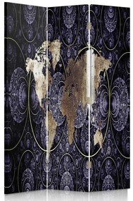 Ozdobný paraván, Elegantní mapa světa - 110x170 cm, třídílný, obustranný paraván 360°