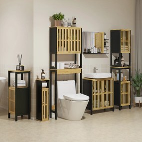HOMCOM Kleankin Regál nad WC s koupelnovou skříňkou a 2 dveřmi, otevřeným policí 60D x 21,5Š x 172V cm, bambus - Přírodní dřevo a černá