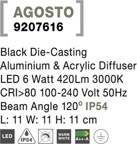 NV 9207616 Venkovní nástěnné svítidlo AGOSTO černý hliník a akrylový difuzor LED 6W 3000K 100-240V 120st. IP54 - NOVA LUCE