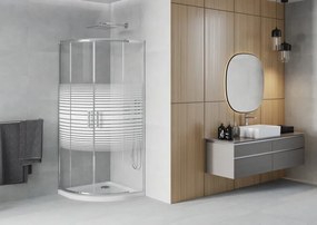 Mexen Rio, čtvrtkruhový sprchový kout s posuvnými dveřmi 80 x 80 cm, 5mm čiré sklo/pásy, chromový profil + bílá sprchová vanička, 863-080-080-01-20-4110