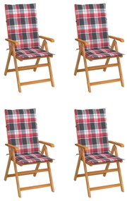 vidaXL Zahradní židle 4 ks červené kárované podušky masivní teak