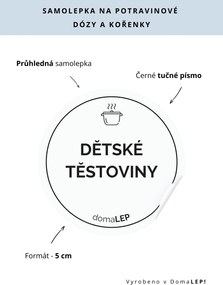 DĚTSKÉ TĚSTOVINY  – průhledná samolepka na dózu, tučné písmo, 5 cm | DomaLEP