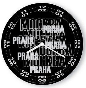Černé hodiny Praha-Moskva 28x28 cm, plexi