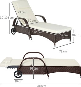 Zahradní lehátko Outsunny s polštáři a kolečky, mobilní ratanové lehátko z polyratanu a kovu, kávově hnědé, 200 x 73 x 30-103cm | Aosom.de