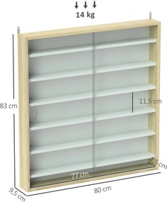 HOMCOM vitrína pro sbírky Nástěnná vitrína 80 x 9,5 x 83 cm 6 výškově nastavitelných polic 2 posuvné skleněné dveře