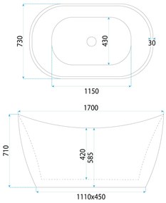 Volně stojící akrylátová vana REA ATENA 170x73 cm bílý, sifon Click-Clack - bílý
