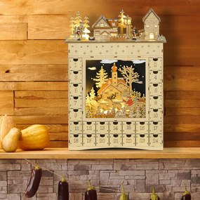HOMCOM Adventní kalendář k naplnění, 24 šuplíků, přihrádky, vánoční kalendář s LED světly, přírodní dřevo, 36 x 9 x 52 cm