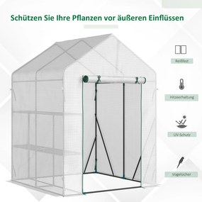 Outsunny Fóliový skleník Walk-in se 4 policemi Skleník na rajčata Skleník se studeným rámem Bílý PE 143x143x195cm pro zahradu a rostliny | Aosom.de