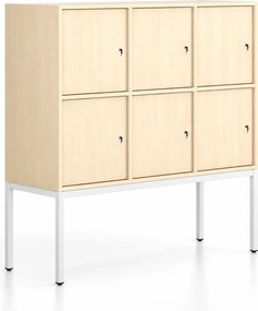 Kancelářská skříň FRAME, nízká, bílá podnož, 6x dveře, 1299 x 450 x 1331 mm, cylindrický zámek, bříza