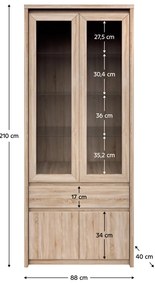Kondela Vitrína se šuplíkem 2D2W1S, dub sonoma, NORTY TYP 3