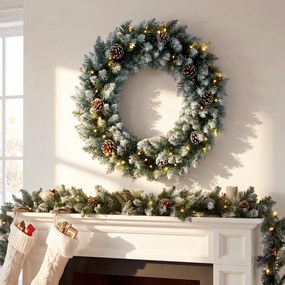 HOMCOM Vánoční věnec 60 cm Osvětlený věnec na dveře s 50 LED Šišky Umělý sníh na Vánoce Adventní dveře