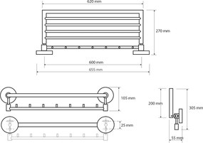 Sapho, X-ROUND polička na ručníky výklopná s háčky 650mm, chrom, XR422