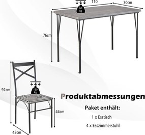 Costway 5dílná jídelní sada pro 4 osoby moderní obdélníkový jídelní stůl a 4