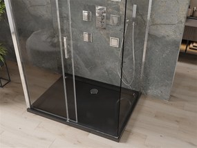 Mexen Omega, 3-stěnový sprchový kout s posuvnými dveřmi 140 (dveře) x 100 (stěna) x 190 cm, 8mm čiré sklo, chromový profil + černá sprchová vanička SLIM, 825-140-100-01-00-3S-4070