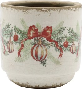 Béžový keramický květináč s vánočními ozdobami Christmas Bow & Bauble – Ø 10*10 cm