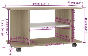 vidaXL TV stolek s kolečky bílý a dub sonoma 80x40x40 cm dřevotříska