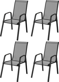 Outsunny 4dílná sada stohovatelných a prostorově úsporných zahradních židlí s opěrkami rukou z kovu a síťoviny, černá