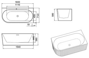 BPS-koupelny Volně stojící rohová akrylátová vana HYD-RIO504C pravá 160x75 bílá, odtokový komplet černý