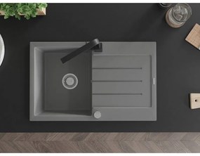 Mexen Bruno, dřez granitový 795x495x200 mm, 1-komorový, šedá s chromovým sifonem a černá dřezová baterie Rita, 6513-71-670300-70