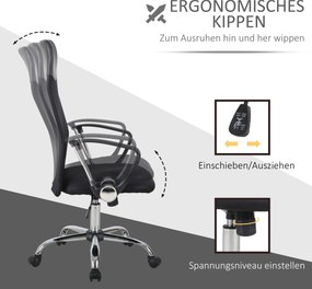 Kancelářská židle HOMCOM se síťovinou, výškově nastavitelná kancelářská židle, ergonomická herní židle, otočná židle s houpací funkcí, černá | Aosom.…