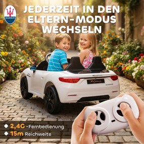 AIYAPLAY Dětské elektroauto Maserati, dvoumístné, 12V napájení z baterie, dálkové ovládání, LED světla, hudební funkce, bílé